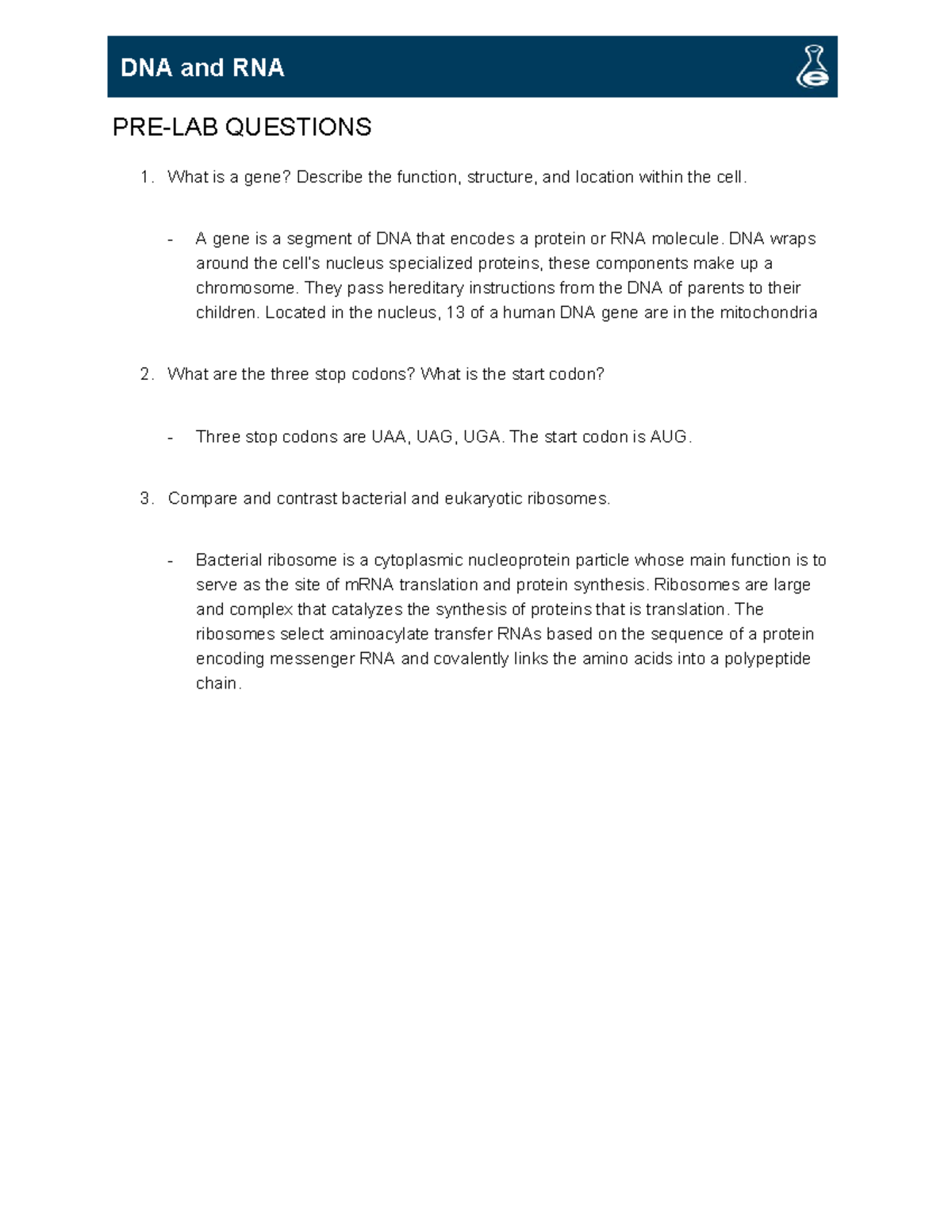DNA and RNA Lab - Pre-Lab & Post-Lab Questions Analysis - Studocu