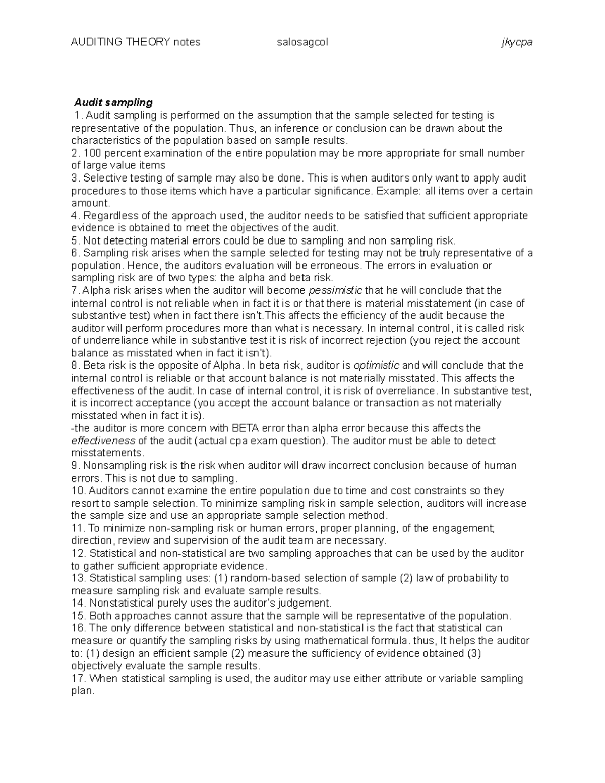 At Sampling Lecture Notes 3 Auditing Theory Notes Salosagcol Jkycpa Audit Sampling Audit