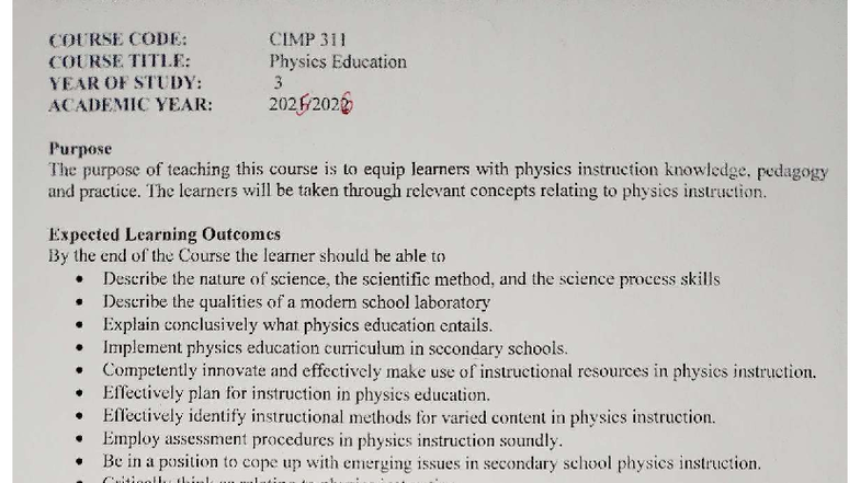 CIMP 311 - Aims and Objectives of Physics Education Instruction - Studocu