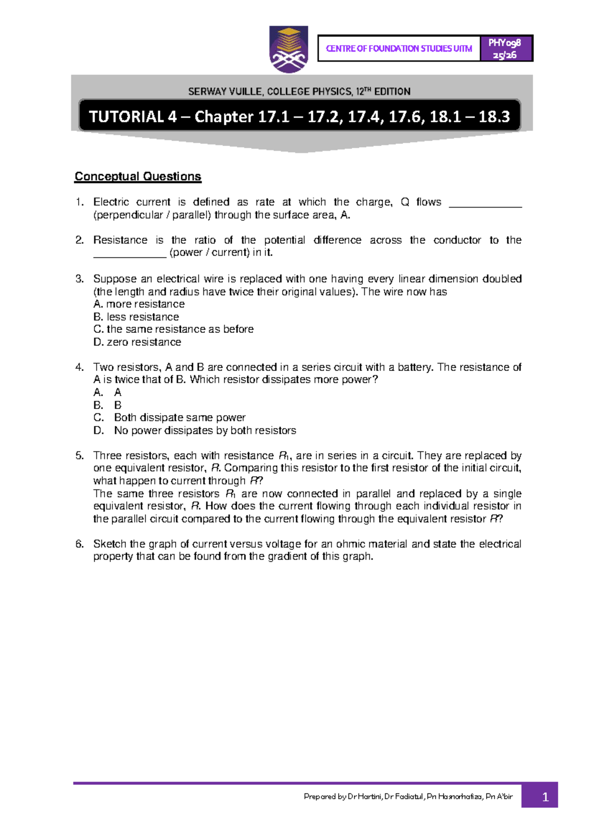 PHY098 Tutorial 4 - Chapter 17: Electric Current & Resistance Concepts ...