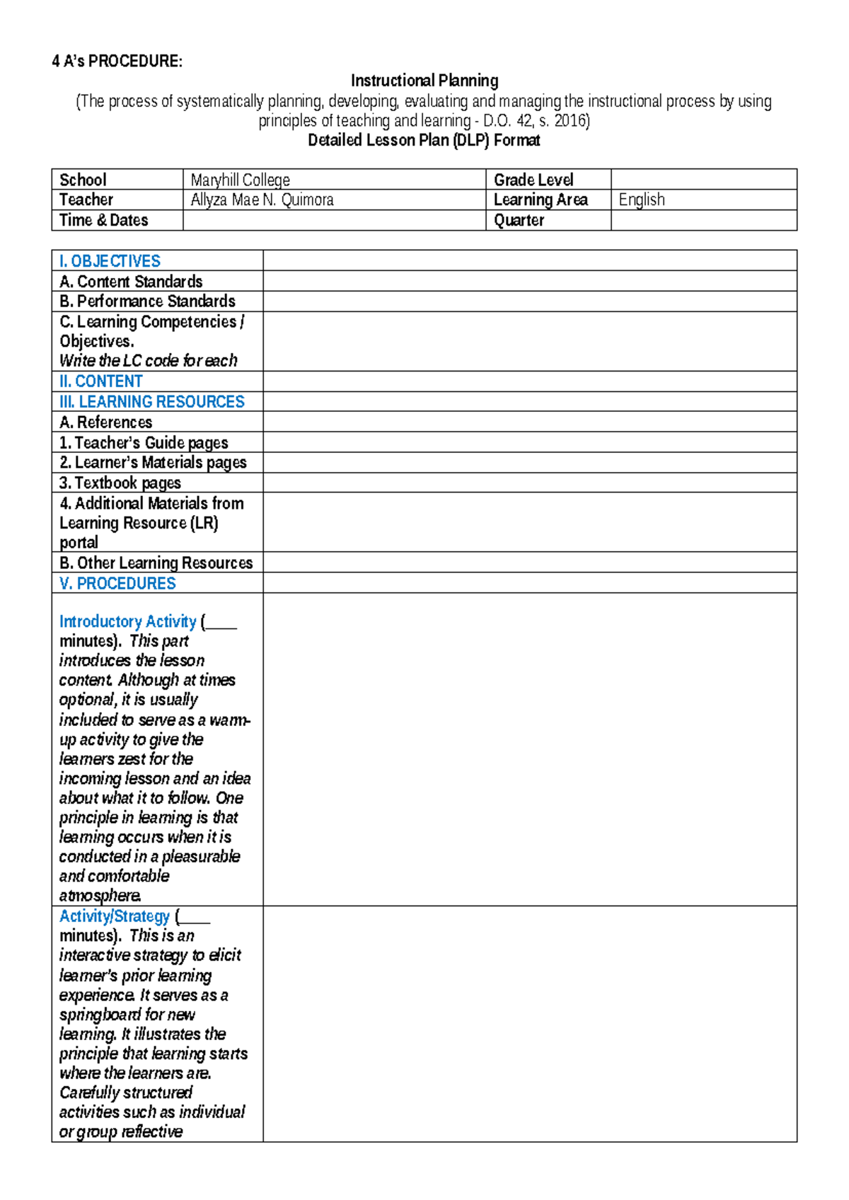 4As-DLP-Guide for Instructional Planning at Maryhill College - Studocu
