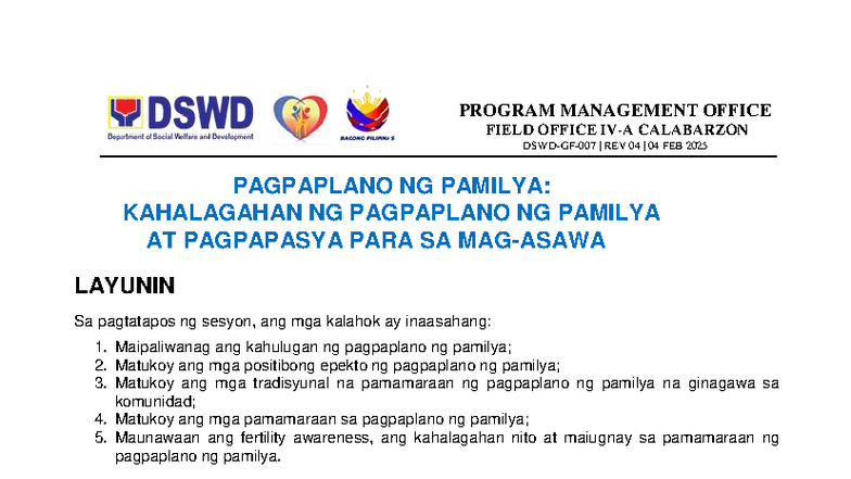 Pagpaplano ng Pamilya: Kahalagahan at Pamamaraan (Set-12) - Studocu