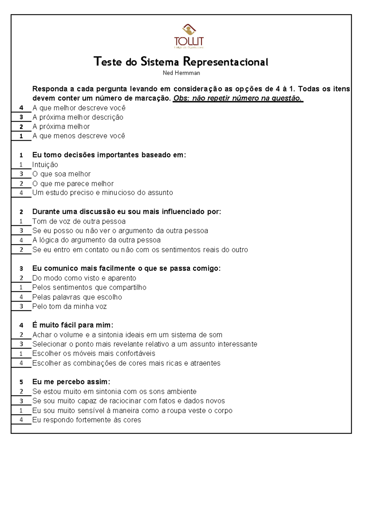 Teste DO Sistema Representacional Tollit - Teste do Sistema ...