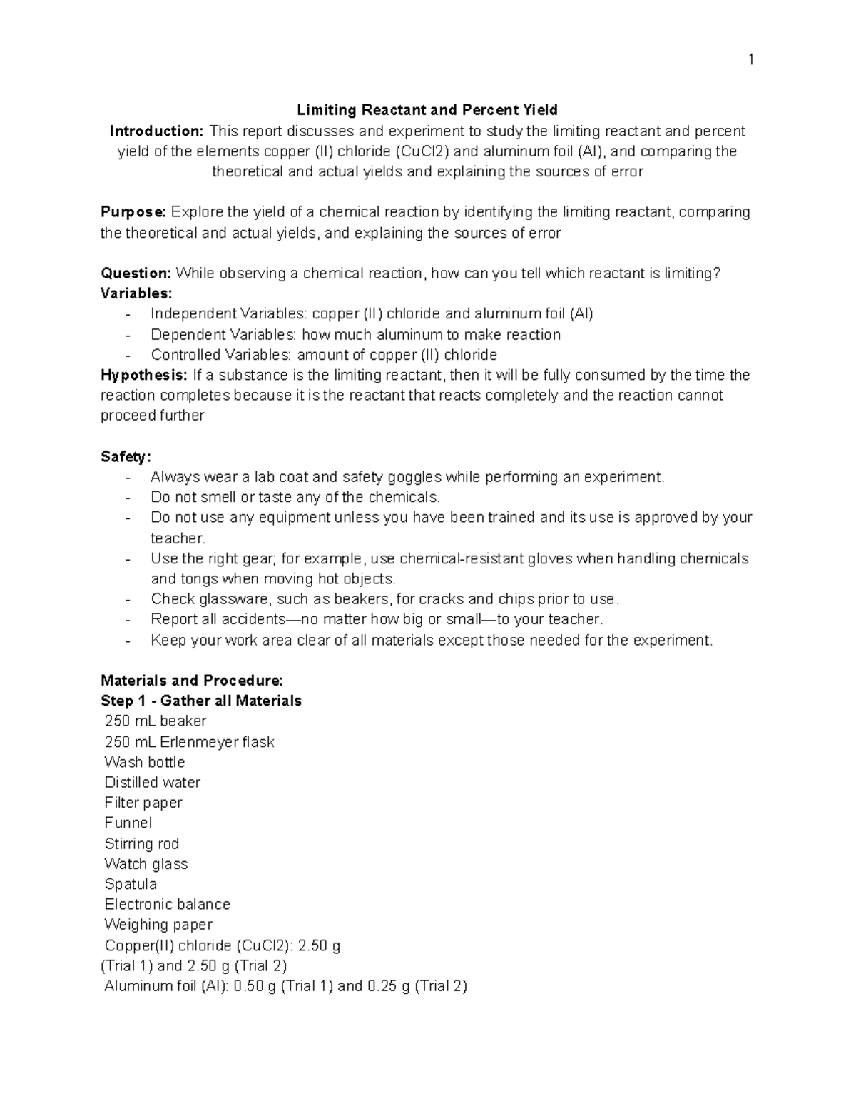 Cdf16575 Limiting Reactant & Percent Yield Lab Report - Studocu
