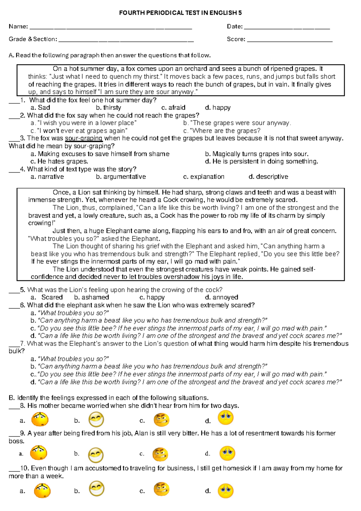 4TH PERIODICAL TEST IN English 5: Understanding Fables and Feelings ...