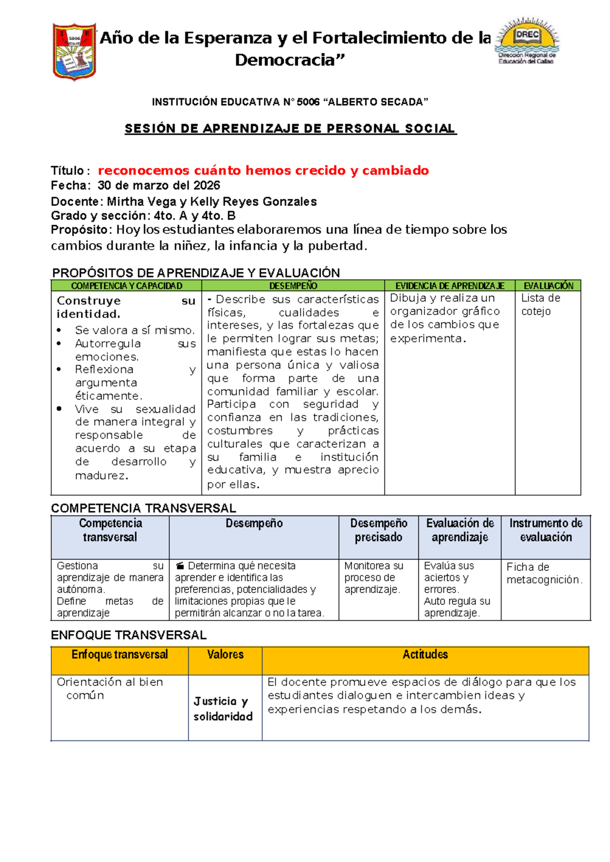 Sesión de Aprendizaje P.S. 5006: Crecimiento y Cambios en la Infancia ...