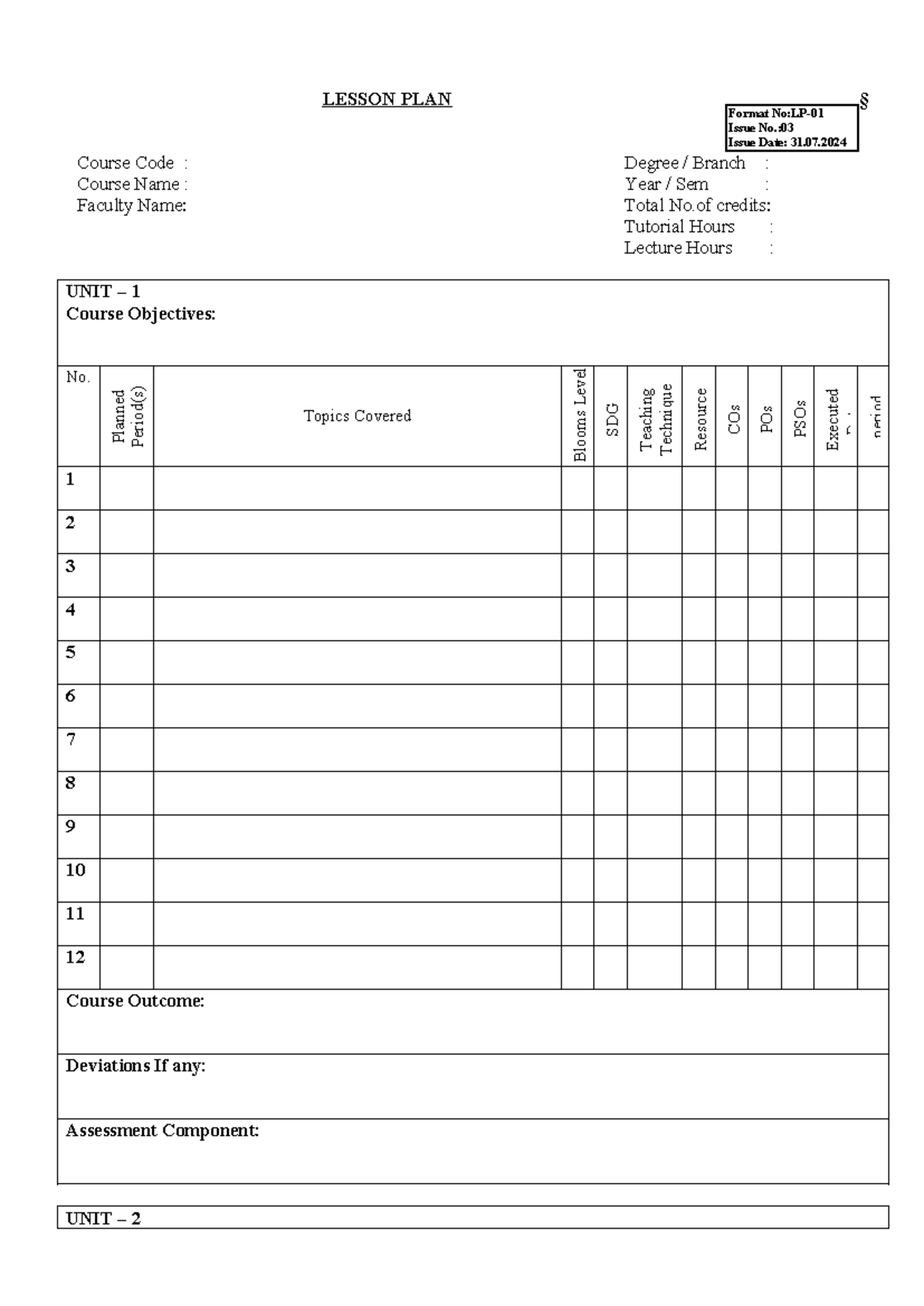 LESSON PLAN Format Issue No. 03 - Course Code & Details - Studocu