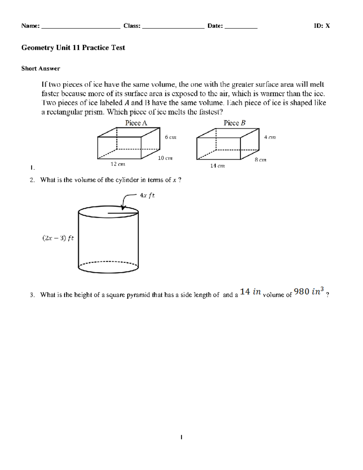 Geometry Unit 11 Practice Test: Volume & Surface Area Concepts - Studocu