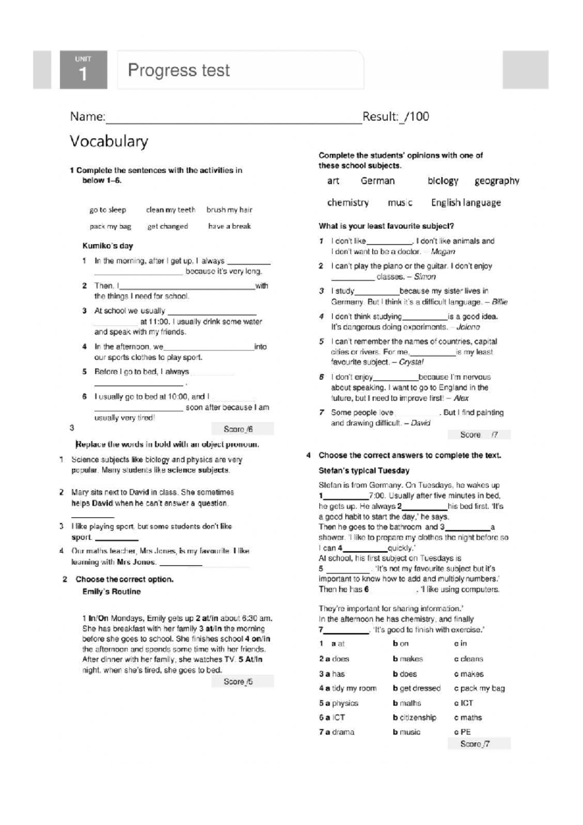 UNIT 1 Progress TEST - REVIEW UNIT 1 ESO - UNIT 1 Progress test Name ...