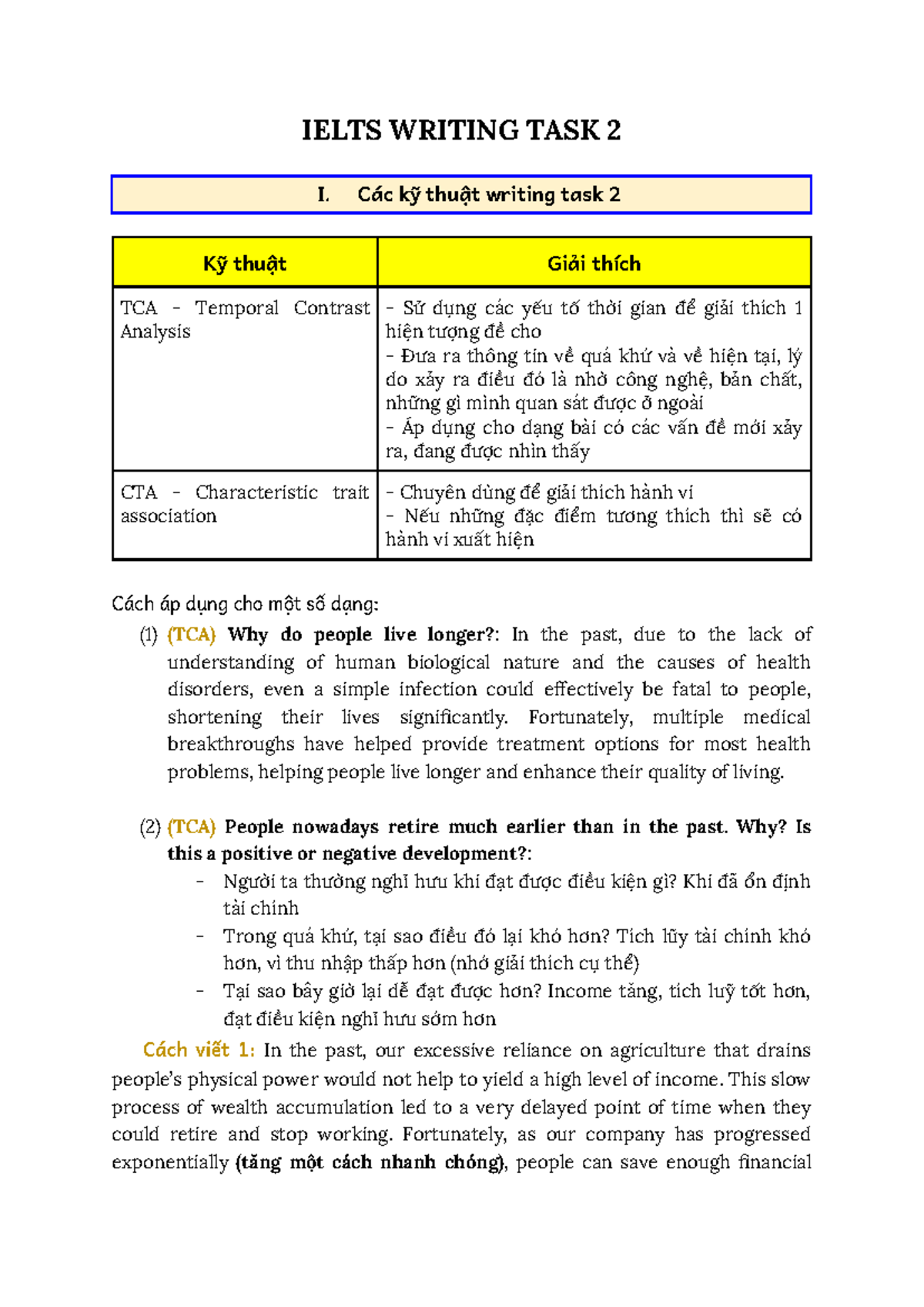 IELTS WRITING TASK 2: Techniques for TCA and CTA - Studocu