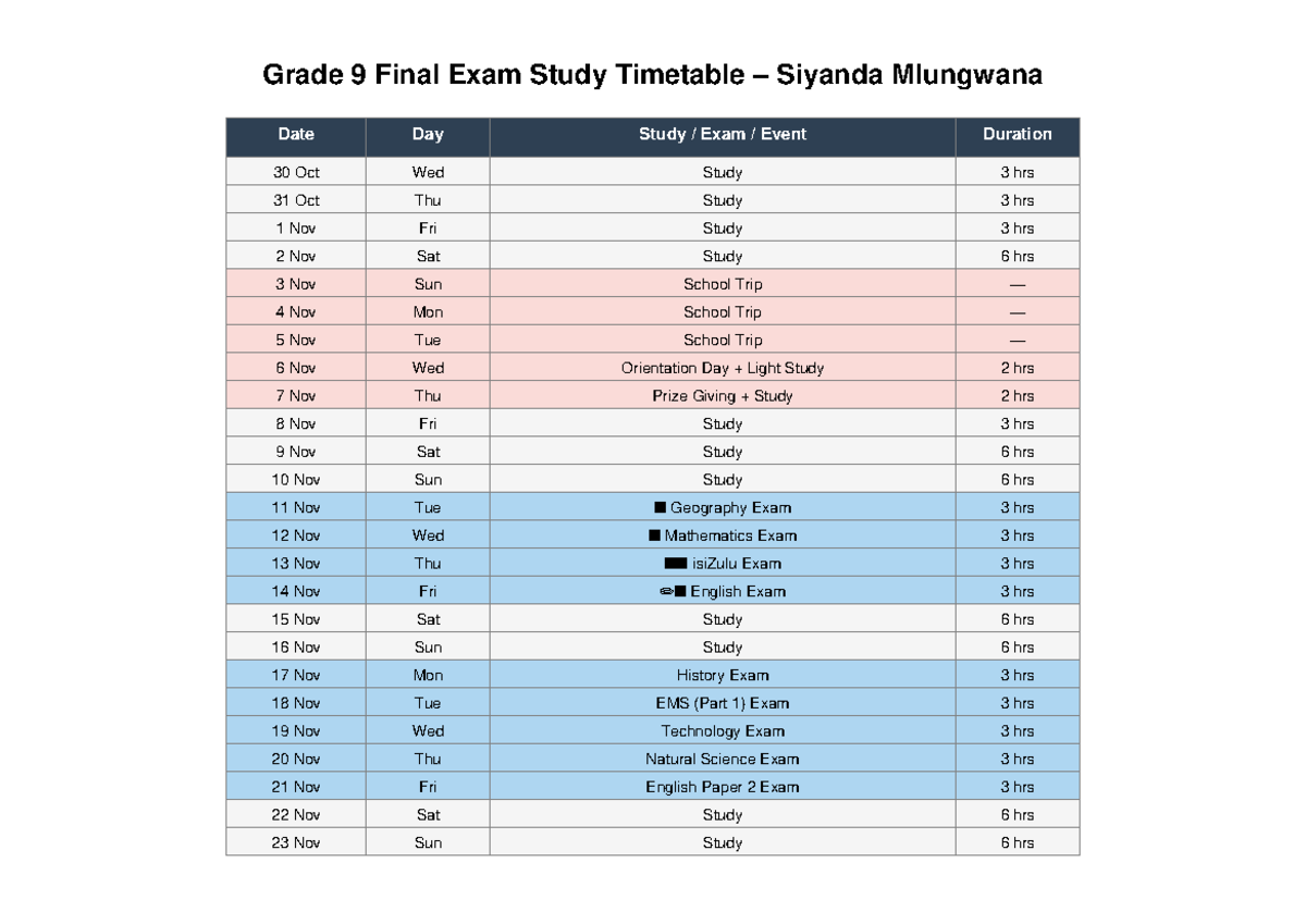 Grade 9 Final Exam Study Timetable: Key Dates & Durations - Studocu