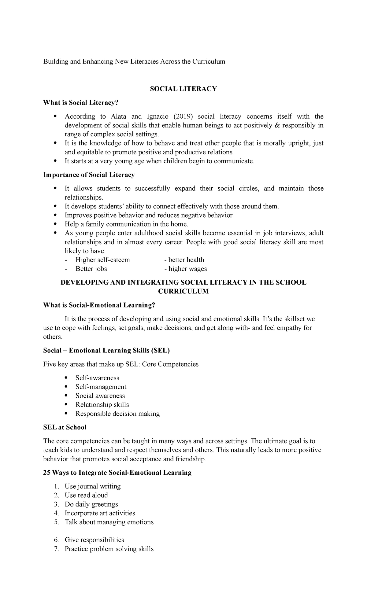 Building and Enhancing Social Literacy: Report Outline - Studocu