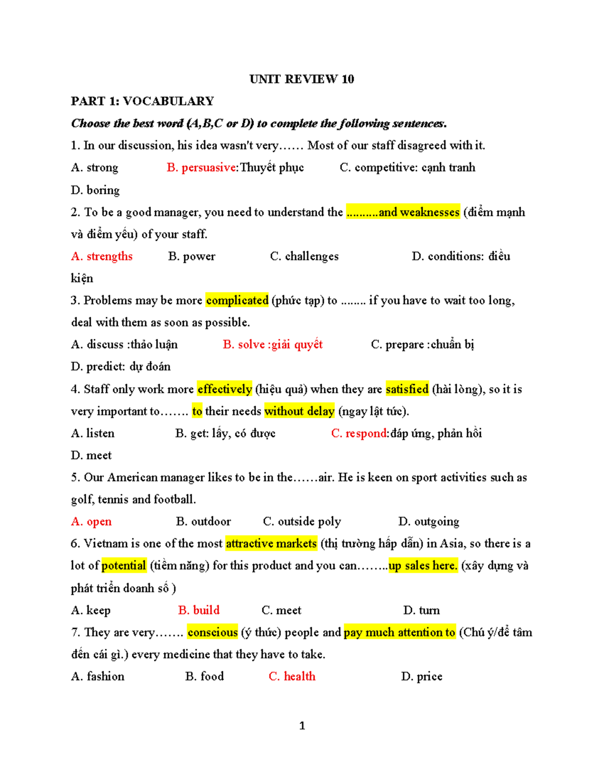 UNIT REVIEW 10: VOCABULARY & GRAMMAR EXERCISES - Studocu