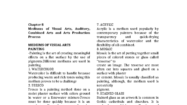 Chapter 8 & 9: Mediums & Techniques in Visual Arts (Art Appreciation ...