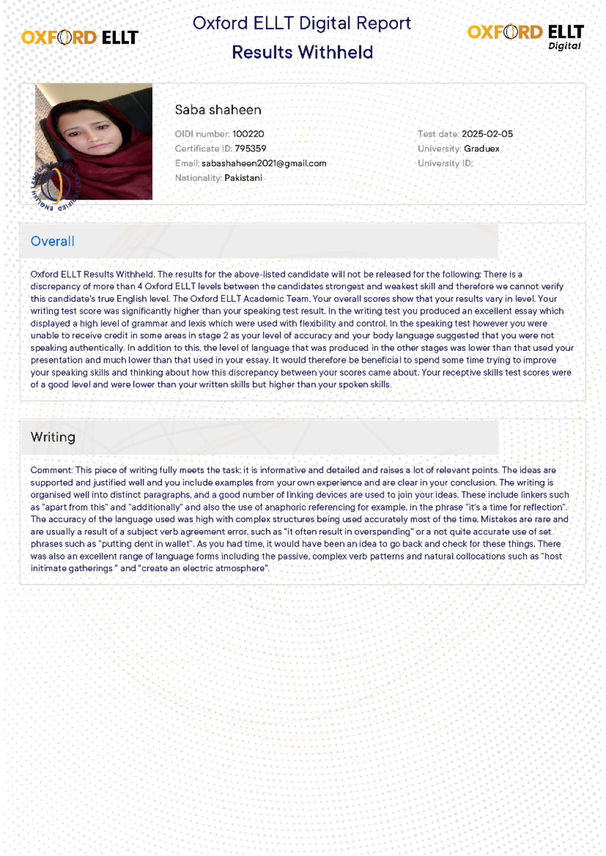 Oxford ELLT Report Saba shaheen 795359 - Oxford ELLT Digital Report ...