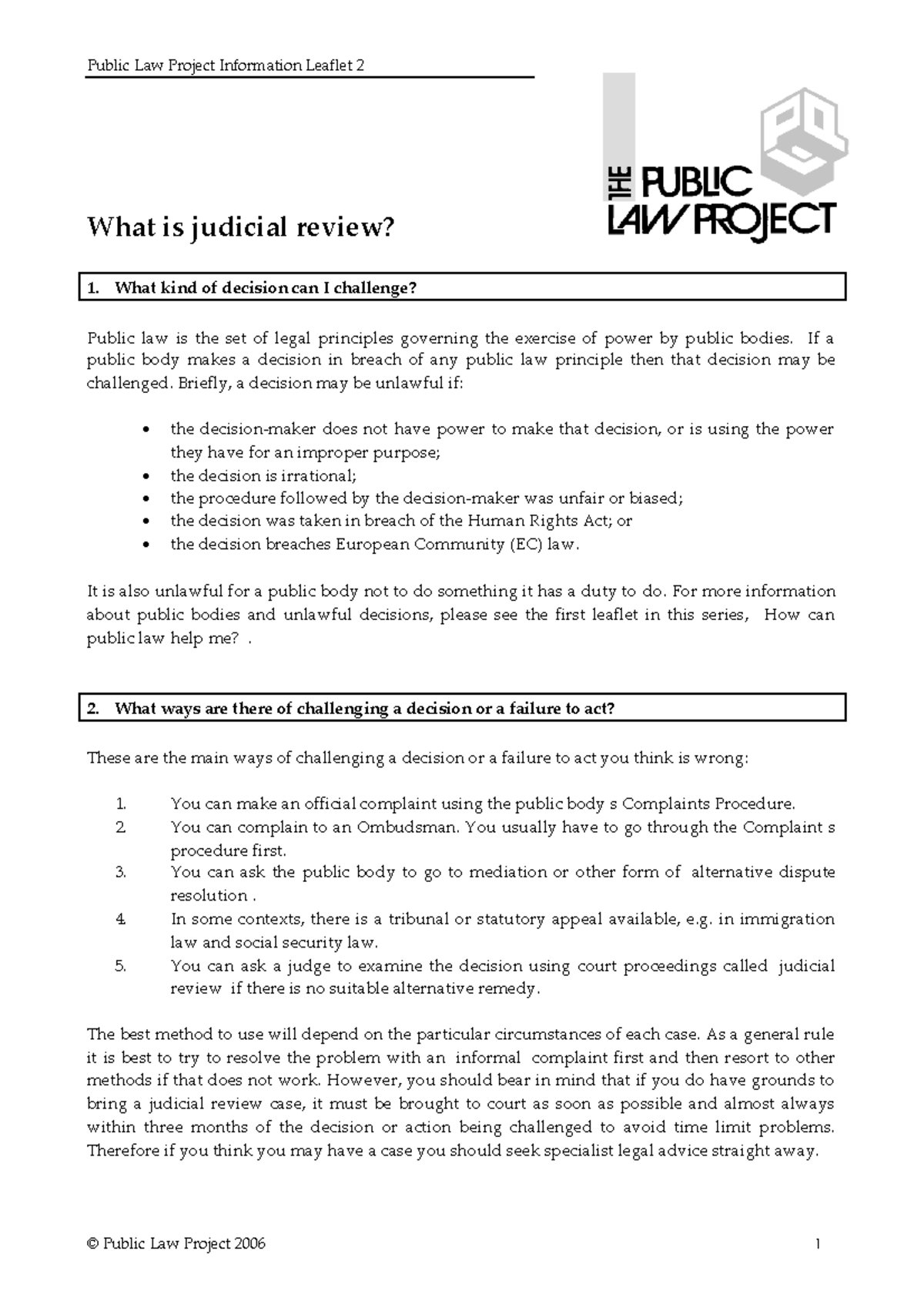 Public Law Project Info Leaflet 2: Understanding Judicial Review - Studocu
