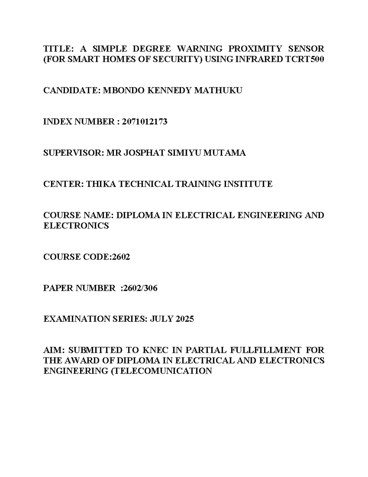 Design and Implementation of a Degree Warning Proximity Sensor (2602 ...