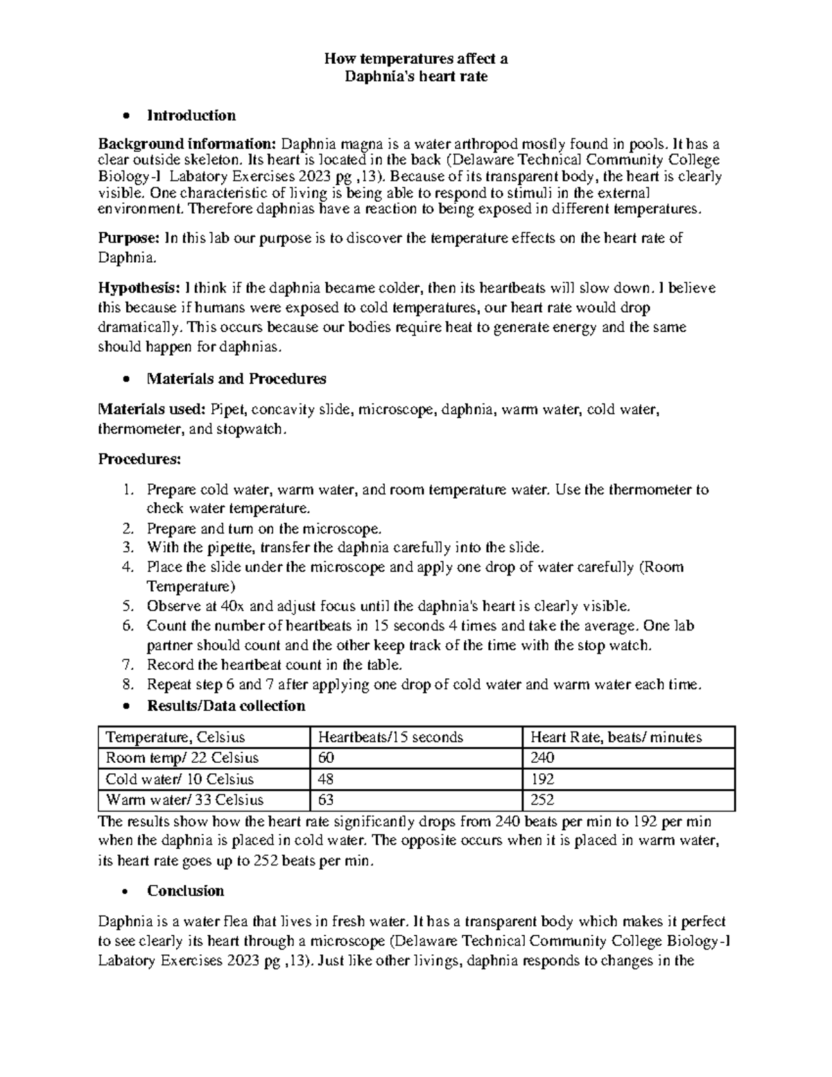 Lab Report 1: Effects of Temperature on Daphnia's Heart Rate - Studocu