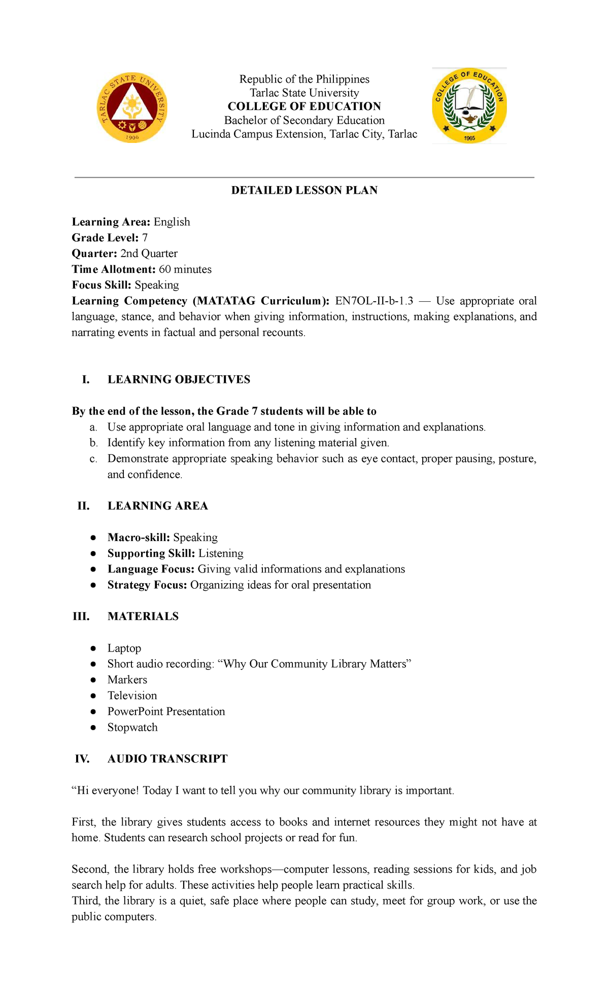 Detailed Lesson Plan on Speaking for Grade 7 (2nd Quarter) - Studocu
