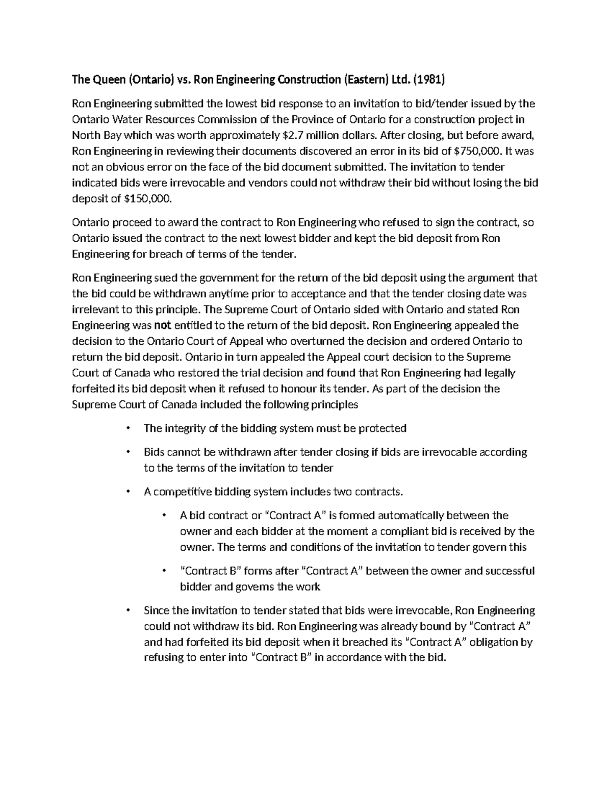 Case Study - The Queen vs. Ron Engineering (1981) Analysis - Studocu