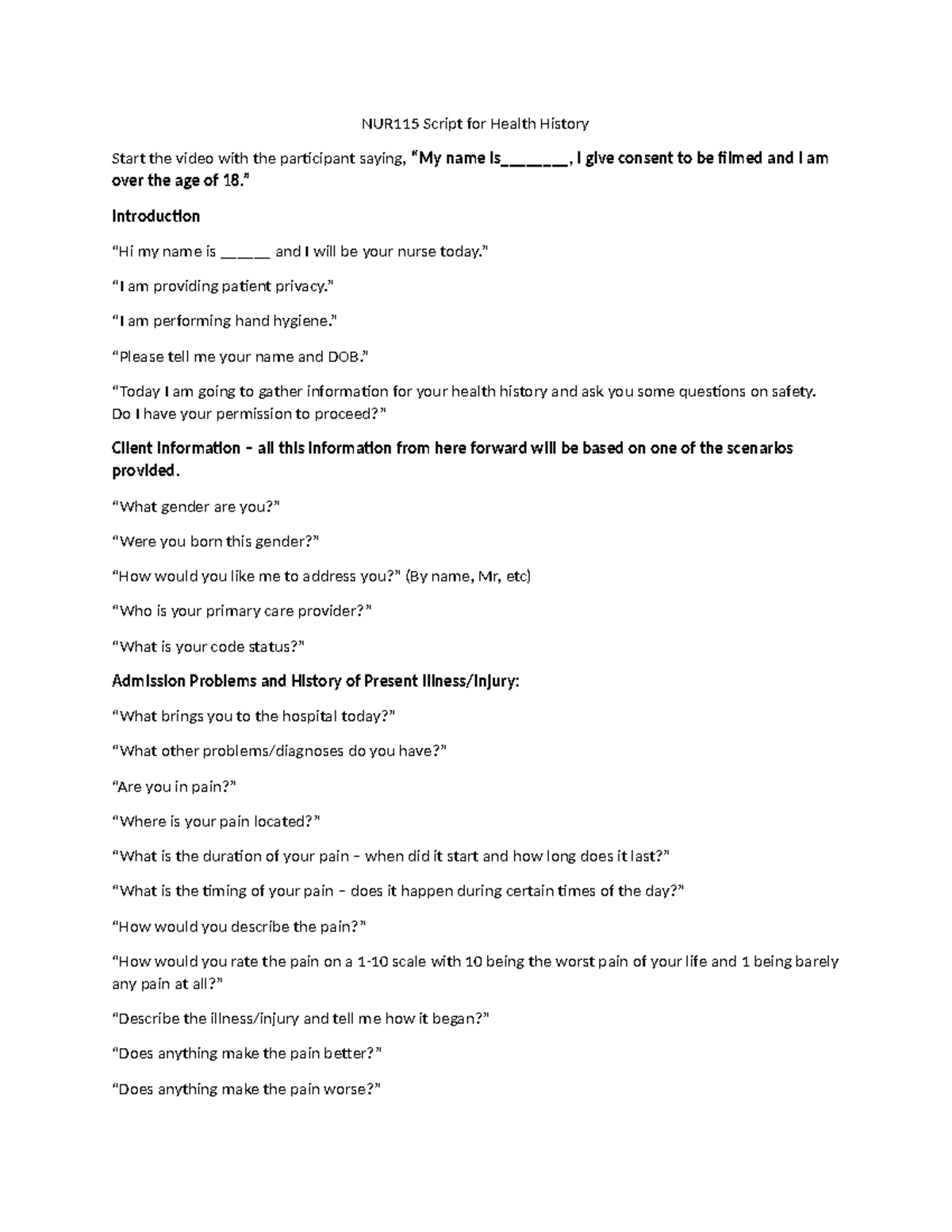 NUR115 Module 1 Health History Script for Patient Interview - Studocu