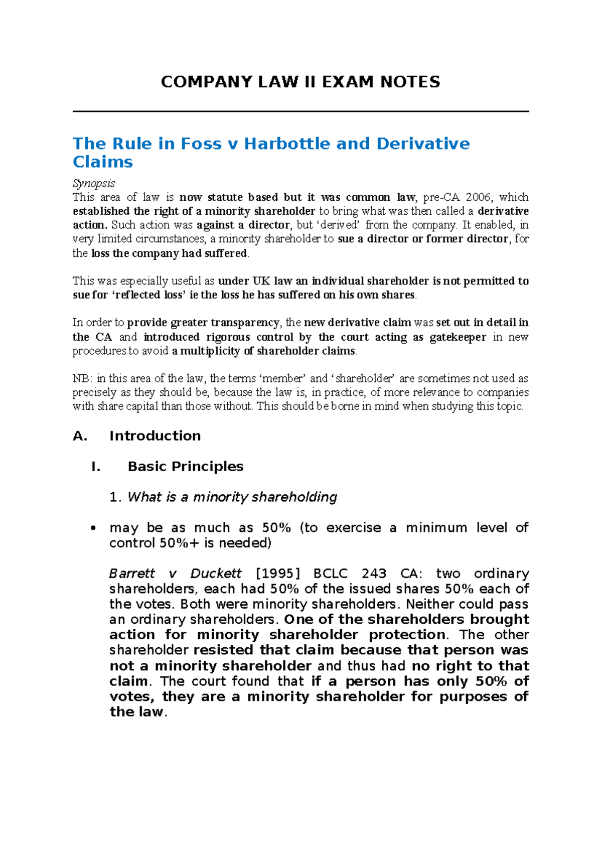 COMPANY LAW II FINAL EXAM NOTES: Foss v Harbottle & Derivative Claims ...