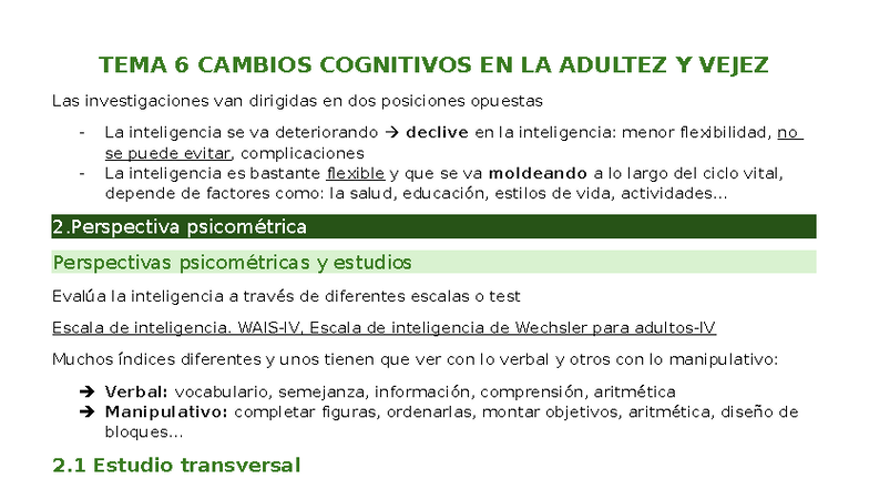 TEMA 6: Cambios Cognitivos en la Adultez y Vejez - Studocu