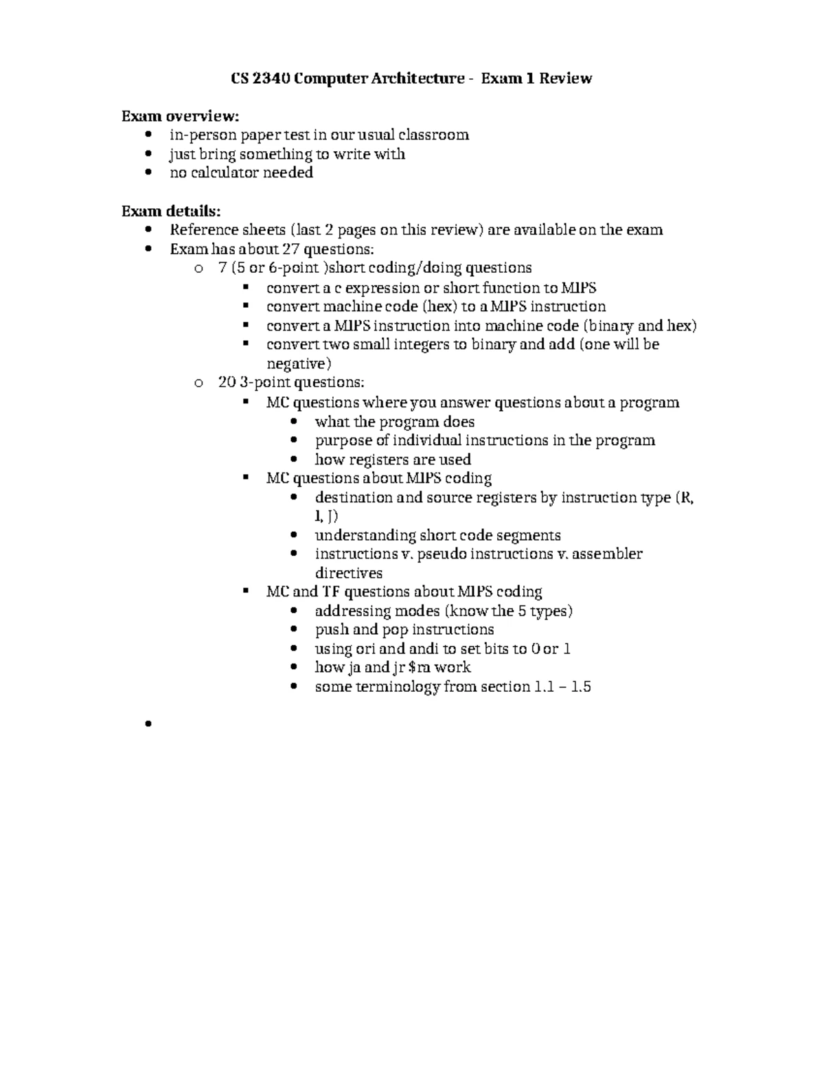 CS 2340 Computer Architecture Exam 1 Review Guide - Studocu