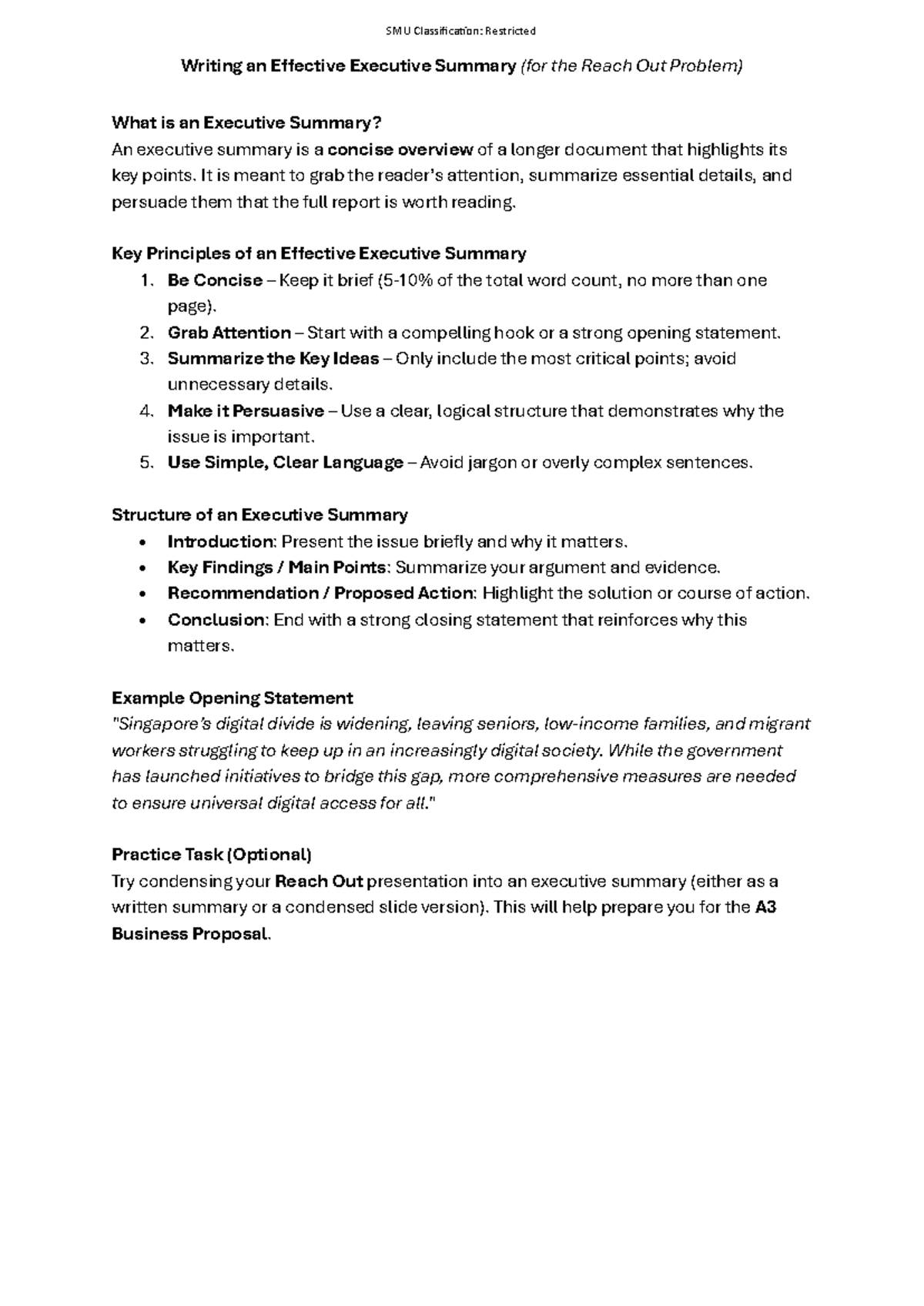 Effective Executive Summary Techniques for the Reach Out Problem - Studocu