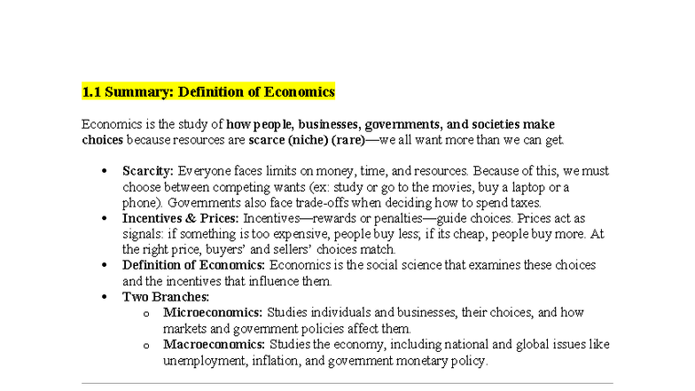 Chapter 1: Introduction to Economics - Key Concepts and Definitions - Studocu