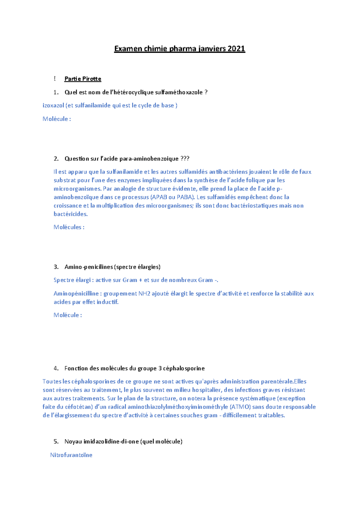 Examen de chimie pharmaceutique - Janvier 2021 CP - Partie Pirote - Studocu