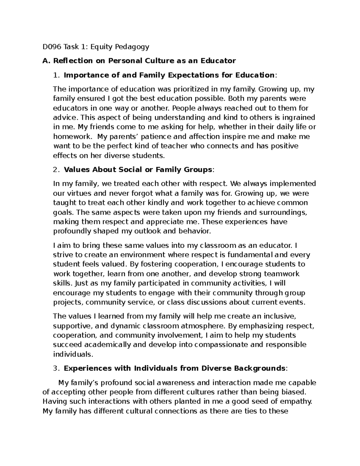 D096 task 1 Equity pedagpgy - D096 Task 1: Equity Pedagogy A ...