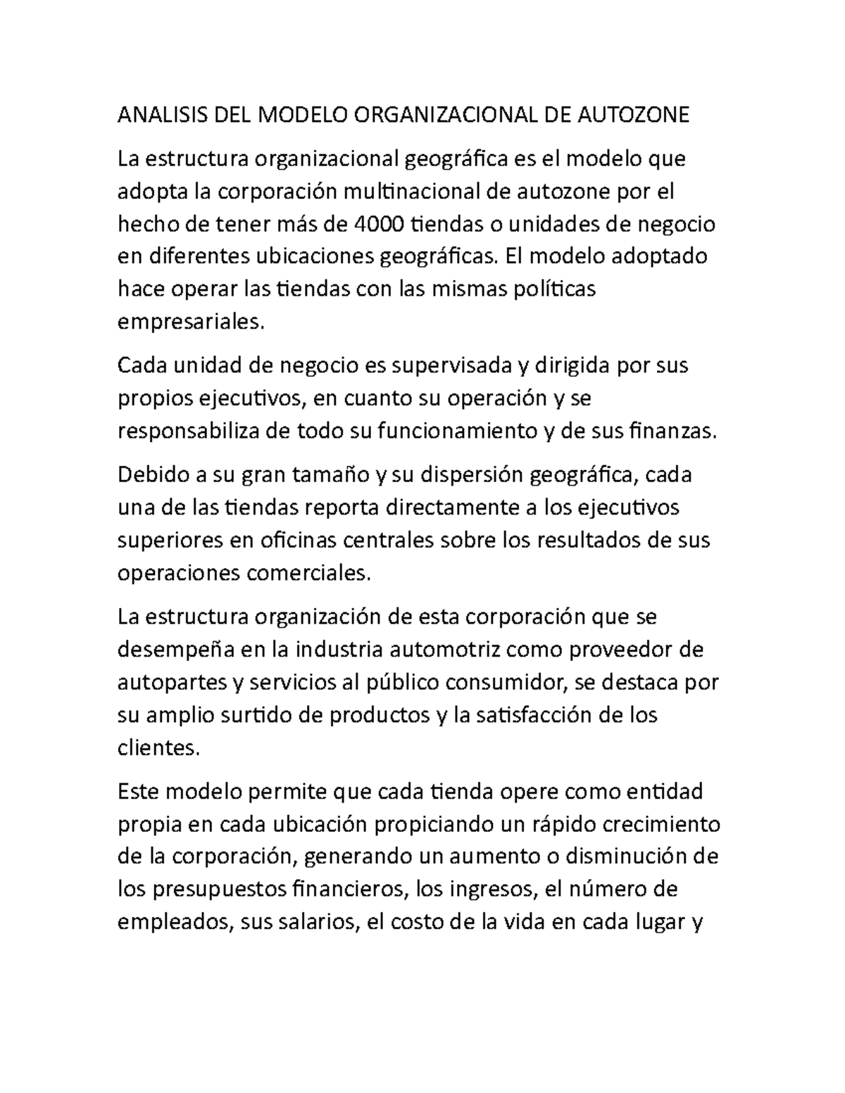 Análisis del Modelo Organizacional de Autozone (AU) en la Industria ...