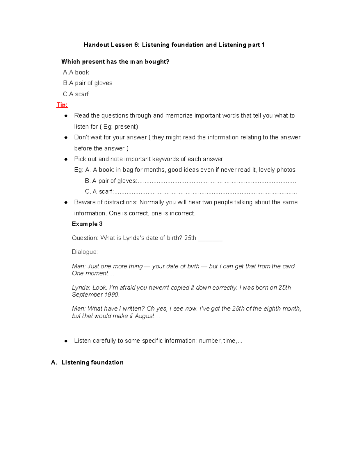 Handout Lesson 6: Listening Foundations & Part 1 Exercises - Studocu