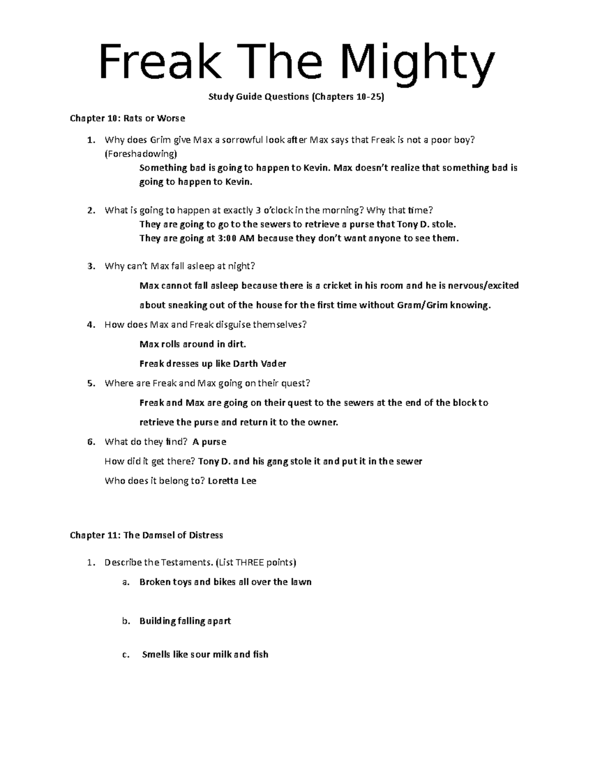 Answer Key Study Guide for Chapters 10-25: Freak the Mighty - Studocu