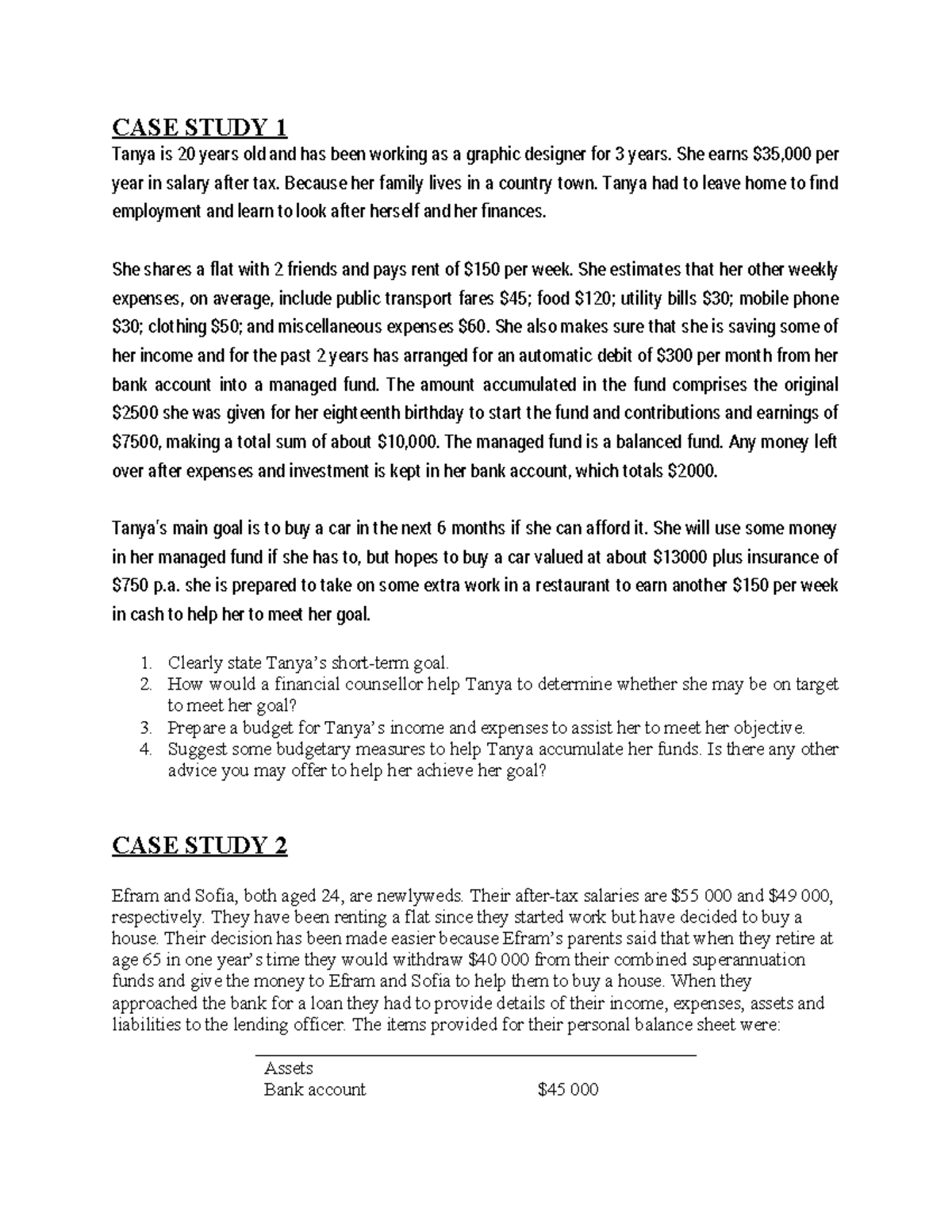 Tutorial case studies -personal financial planning - CASE STUDY 1 Tanya ...