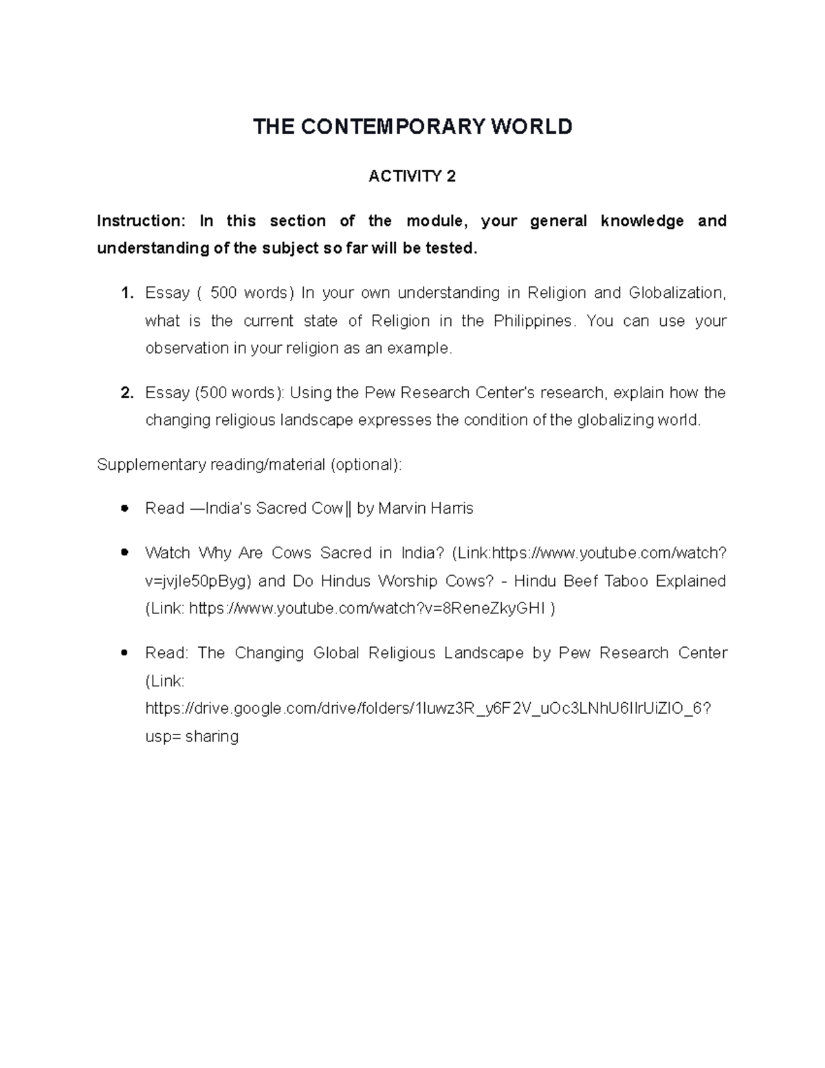 TCW Activity 2 Globalization Religion and Changing Religious Landscapes ...