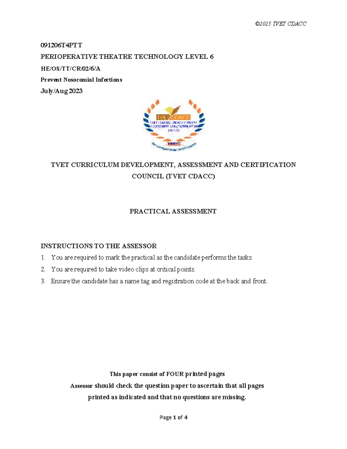 TVET CDACC 091206T4PTT Level 6 Practical Assessment: Preventing ...