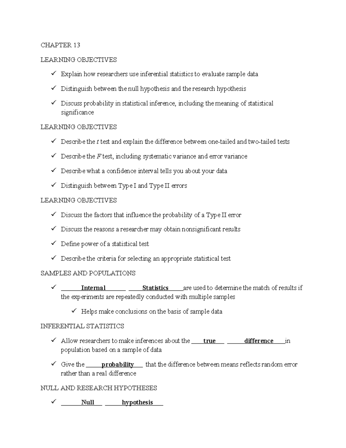 CHAPTER 13: INFERENTIAL STATISTICS & HYPOTHESIS TESTING NOTES - Studocu