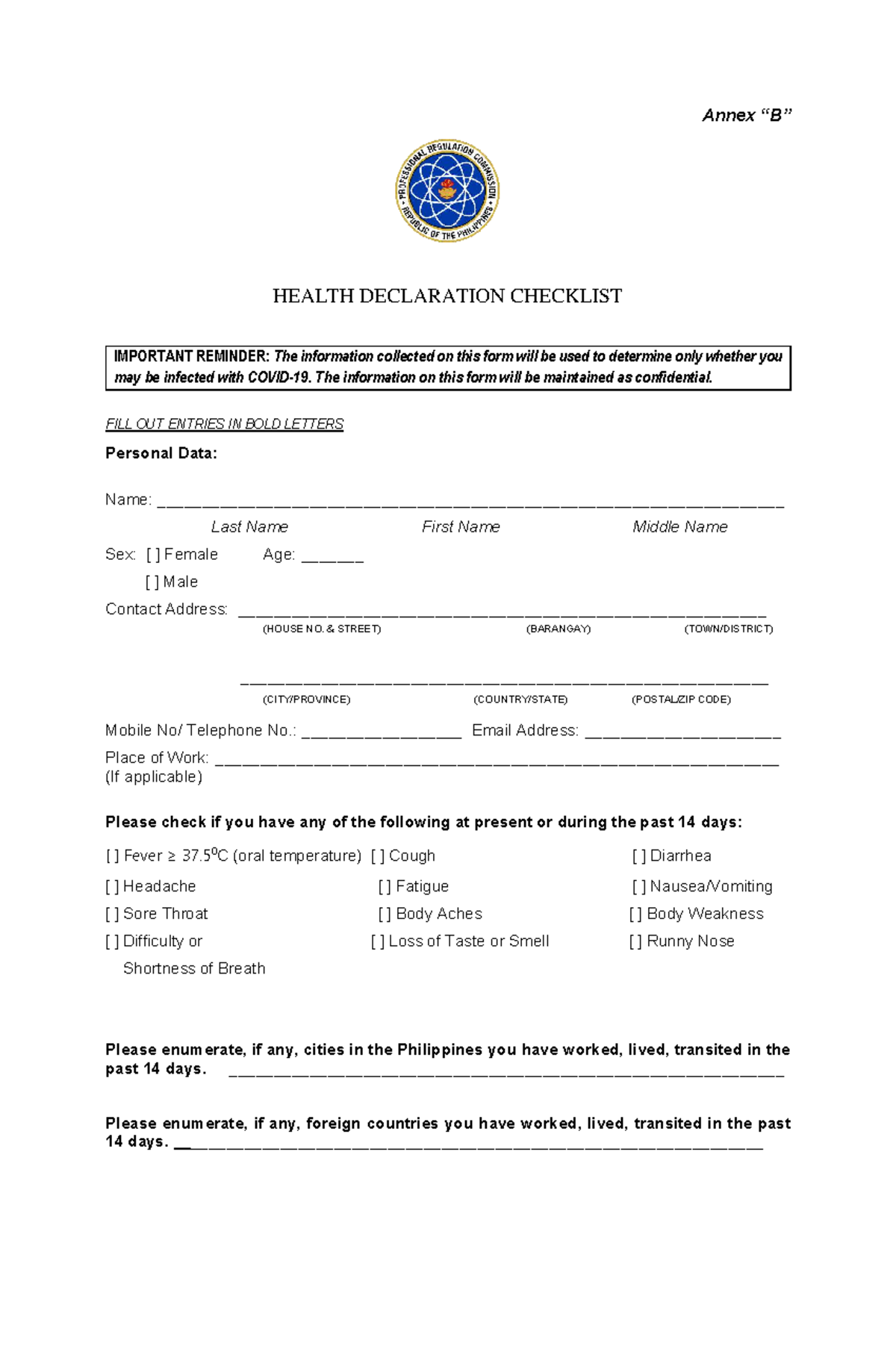 Annex B (Health Declaration Checklist) - Annex “B” HEALTH DECLARATION ...