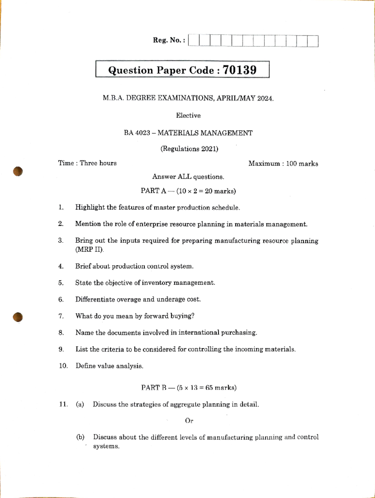 BA 4023 - Materials Management Midterm Exam Question Paper (70139 ...