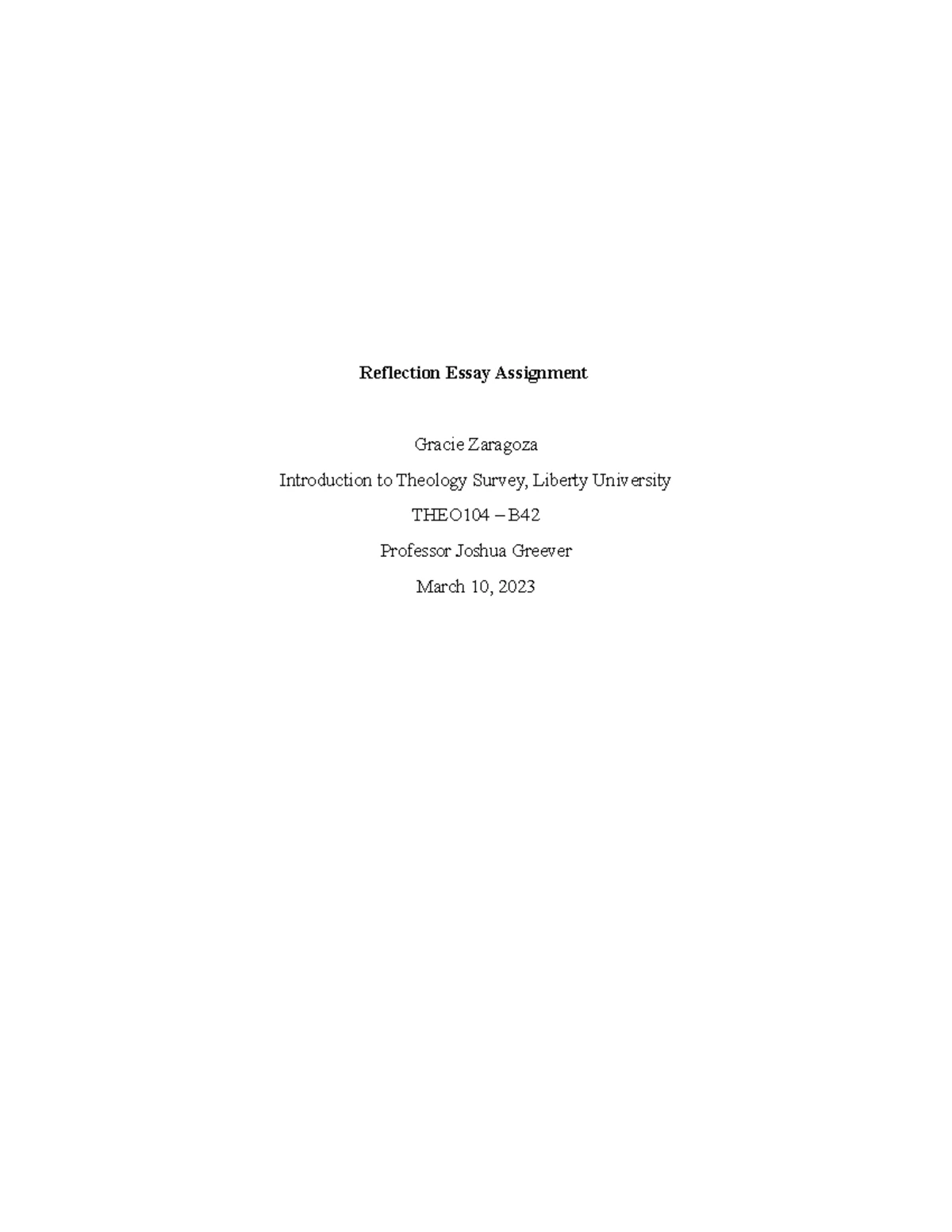 THEO 104 - Reflection Essay Assignment - Reflection Essay Assignment ...