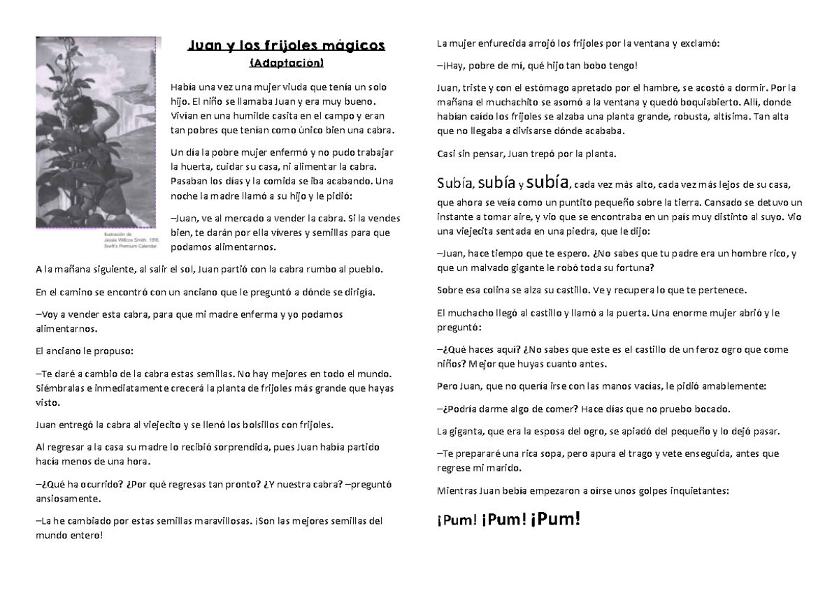 Juan y los frijoles mágicos: Adaptación y Actividades para Grado - Studocu