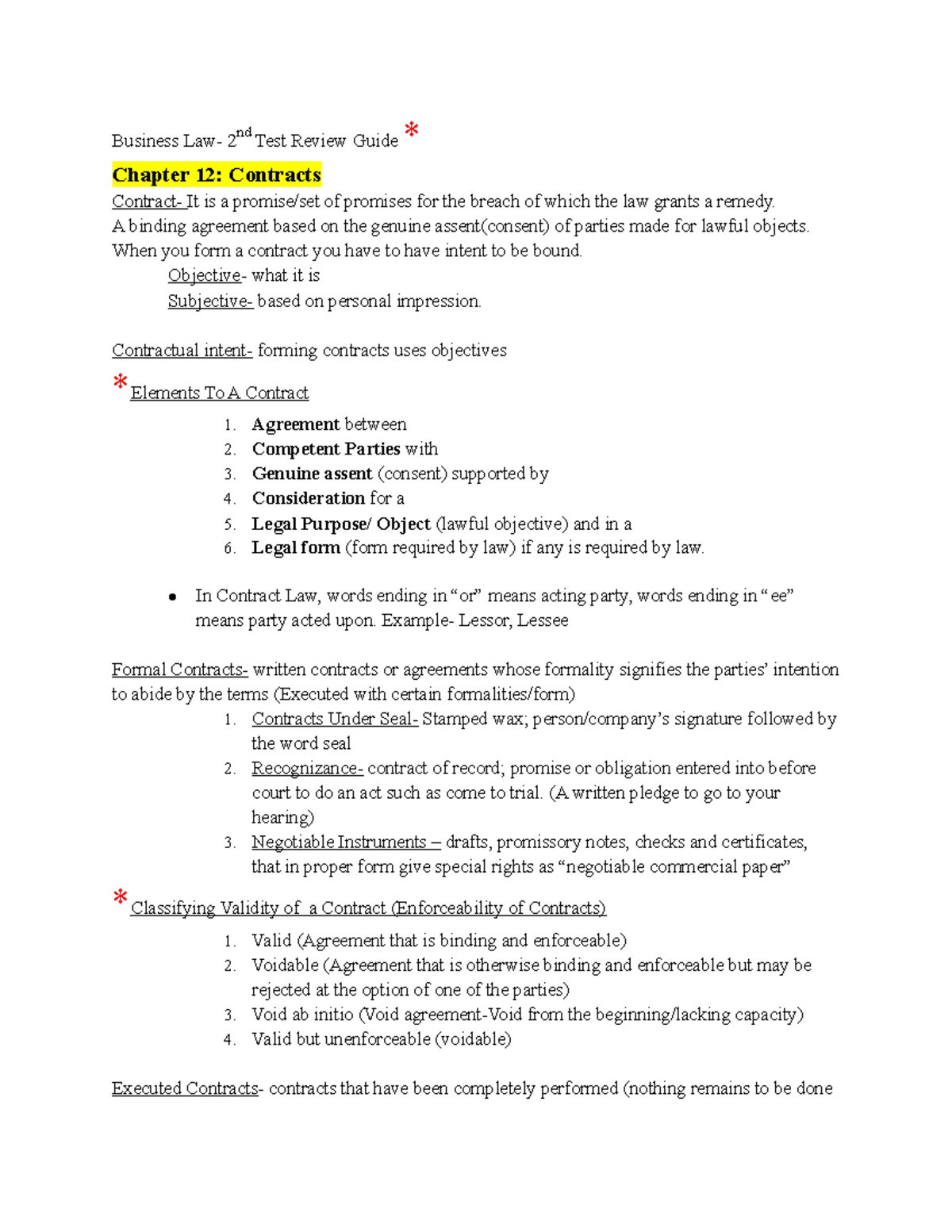 Business Law Test 2 Study Guide: Contracts, Capacity & Consideration ...