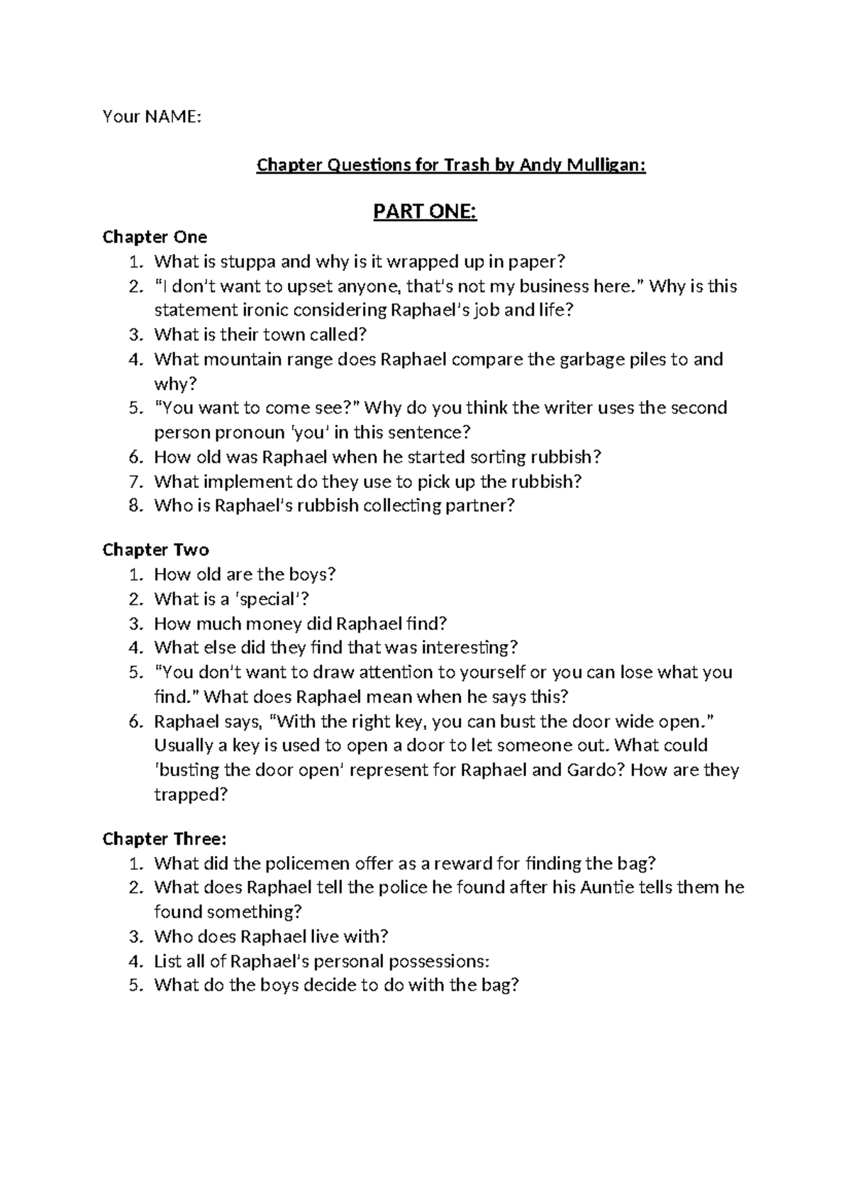 Trash Chapter Questions - Andy Mulligan (Chapters 1-5) - Studocu