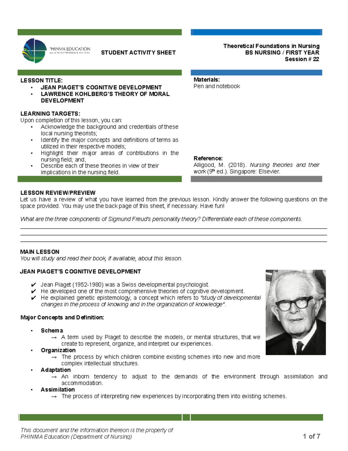 SAS 23: Lesson on Jean Piaget's Cognitive & Lawrence's Moral ...
