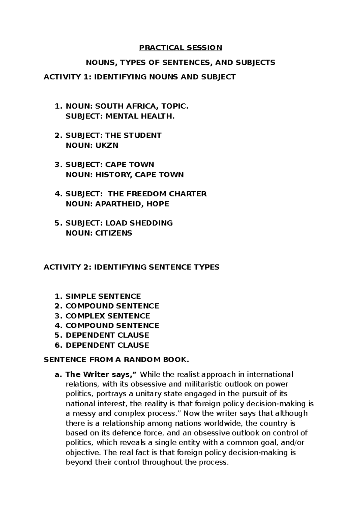 Practical Session: Nouns, Sentence Types & Subjects Activity - Studocu