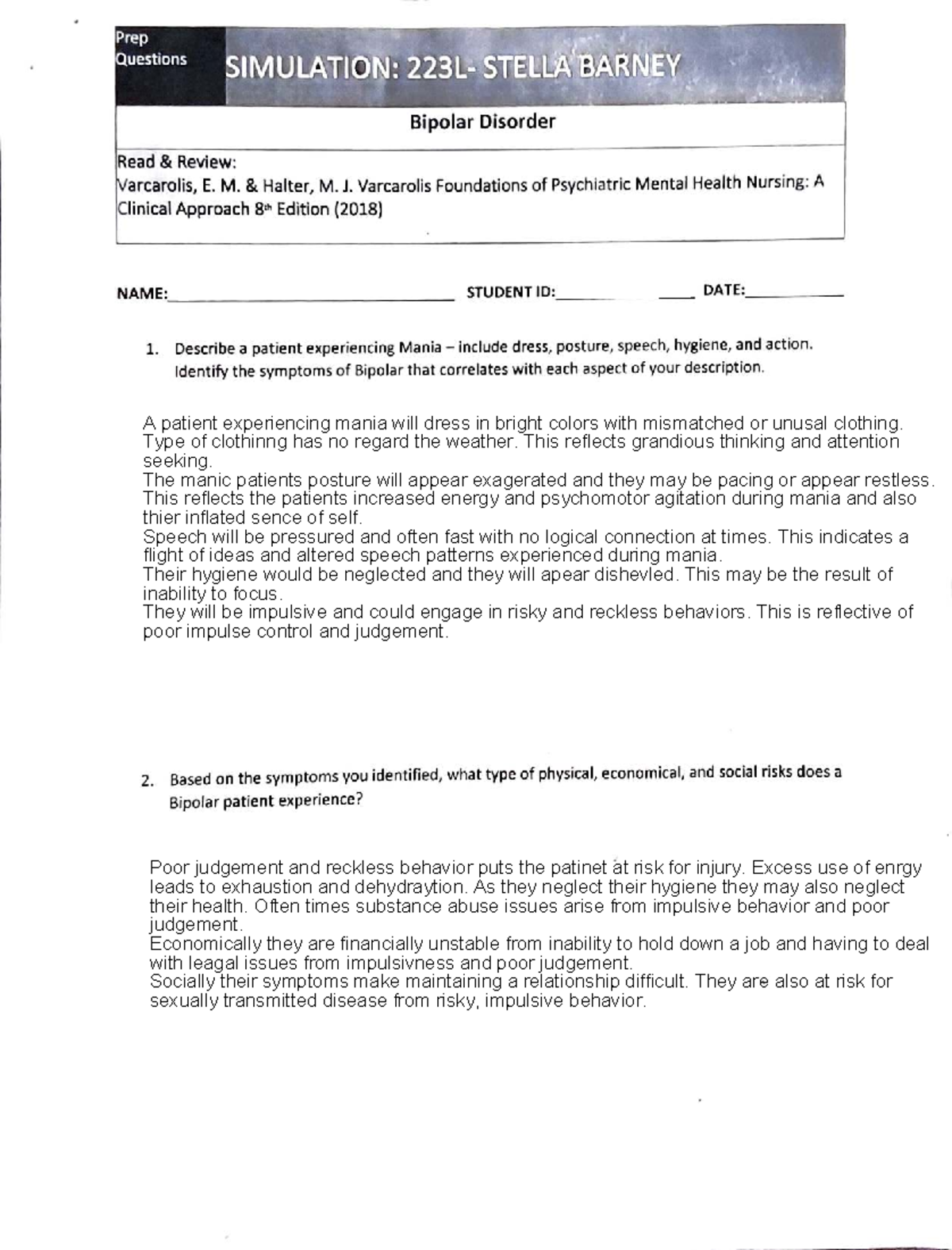 Bipolar Disorder Simulation Prep Questions: 223L Stella Barney - Studocu