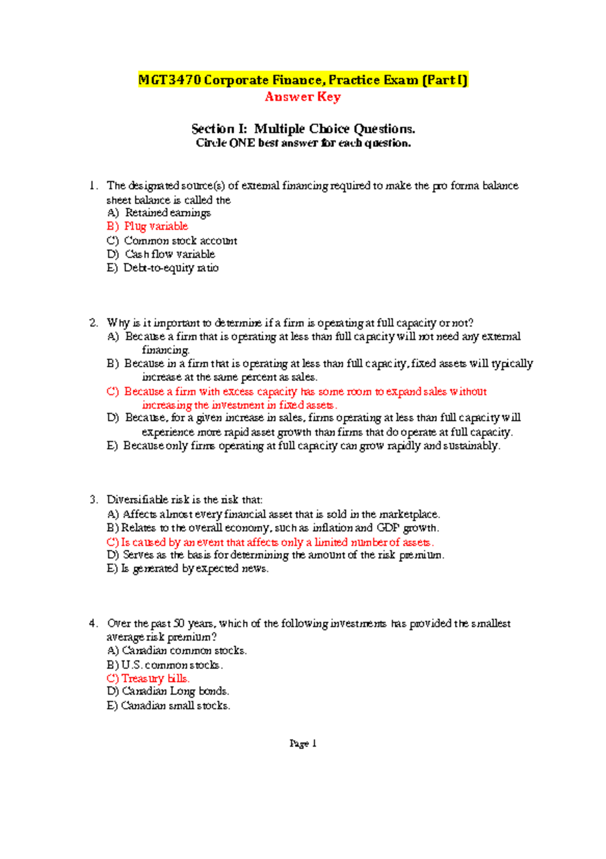 Corporate Finance Sample Final EXAM: Multiple Choice & Calculations ...