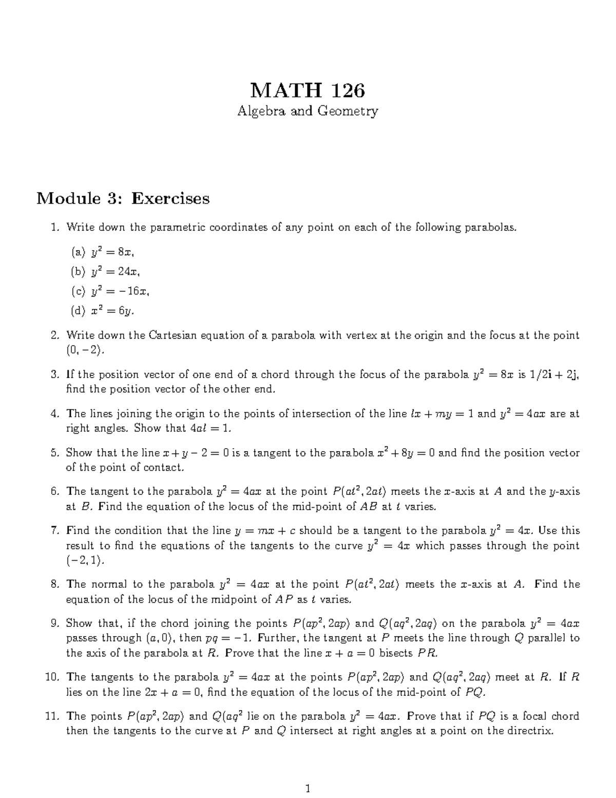 MATH 126 Module 3: Parabolas and Tangents Exercises - Studocu